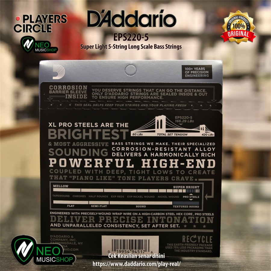 D’addario EPS220-5 40-125 Super Light 5-String Long Scale Bass Strings ...